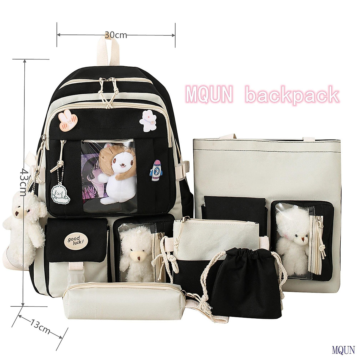 MQUN Kawaii Backpack 5 Pcs School Backpack Cute Aesthetic BackpackSet Aesthetic School Bags Cute Bookbag with Badge& Plush Pendan,Shoulder Bag,Pencil Box,Tote Bag,Small Bag