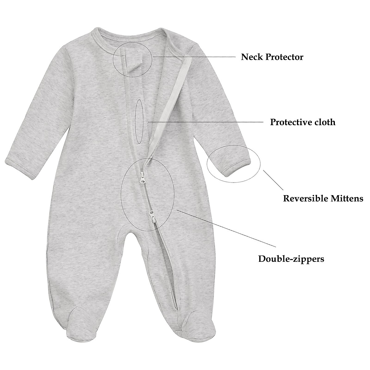 Aablexema Baby Footie Pajama with Mitten Cuffs, Double Zipper Infant Cotton clothes Sleeper Pjs, Footed Sleep Play(Ivory & Grey & Blue,12-18 Months)
