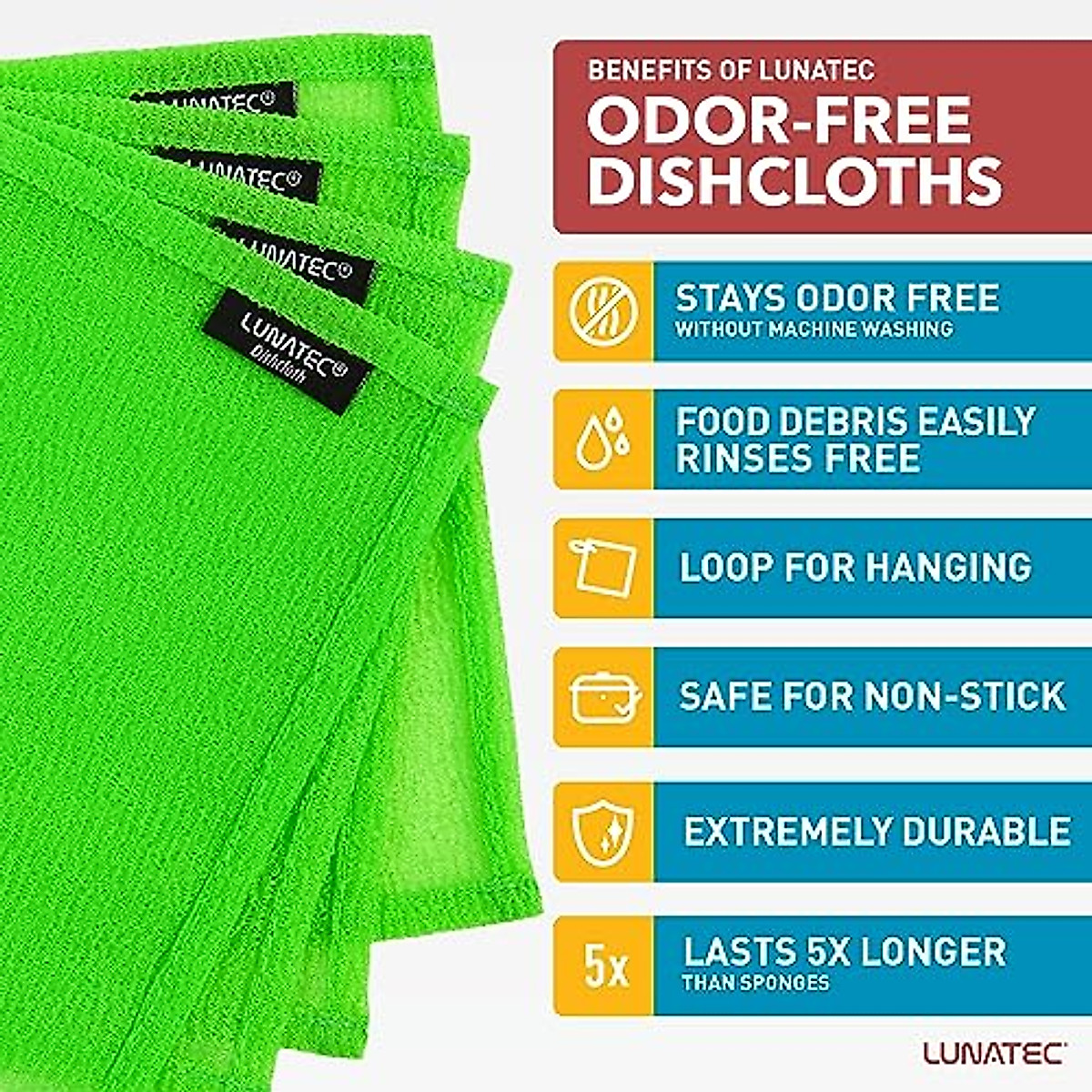 Lunatec Odor-Free Dishcloths. The Perfect Scrubber, Dish Cloth, Sponge and Scouring Pad to Clean Your Dishes, Pots & Pans, and Kitchen Gear. Ideal for Home, RV, Boat Galley and Camp Site. (4-Pack)