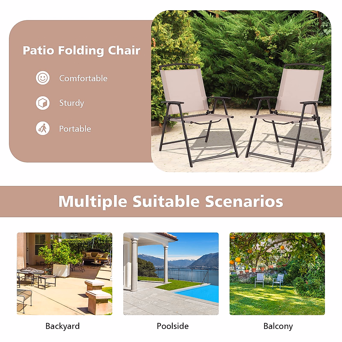 Tangkula 2 Piece Patio Folding Chairs, Outdoor Dining Chairs w/Breathable Fabric, Heavy Duty Steel Frame, Folding Chairs for Garden, Backyard, Poolside, No Assembly Needed (1, Beige)