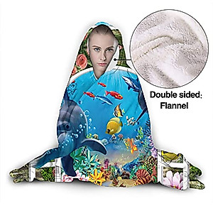 Hooded Blanket Underwater Dolphin With Flowers Window Flannel Wearable Throw Cape Robe Wrap Fleece Warm Air-Conditioning Quilt 60"X50"