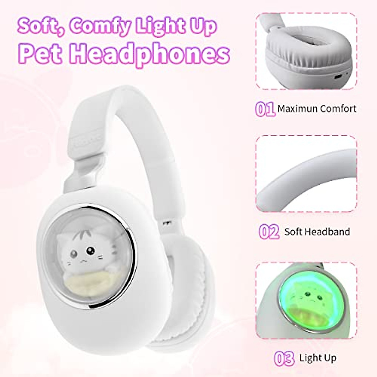 YUSONIC Wireless Headphones with led Lights， Kids Headphones for Girls Bluetooth Light up Over Ear with Microphone and sd Card for School/Travel/Phone/Kindle/pc/tv / MP3. (White)