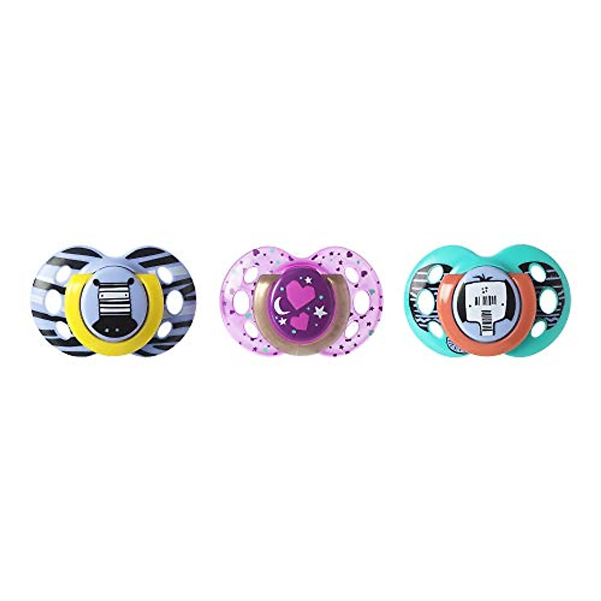 Tommee Tippee Day and Night Pacifiers, Symmetrical Design, BPA-Free Silicone Binkies, 18-36m, 3-Count, Colors and Designs May Vary