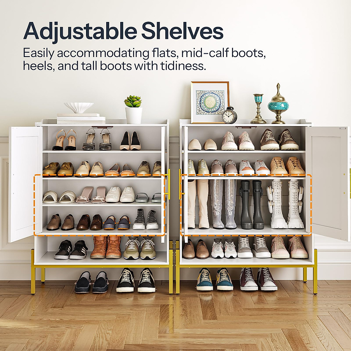 HOOBRO Shoe Cabinet, 5-Tier Shoe Storage Cabinet, Shoe Cabinet Storage for Entryway, Shoe Organizer Cabinet with 3 Adjustable Shelves for Hallway, Living Room, Gold and White DW41SC01