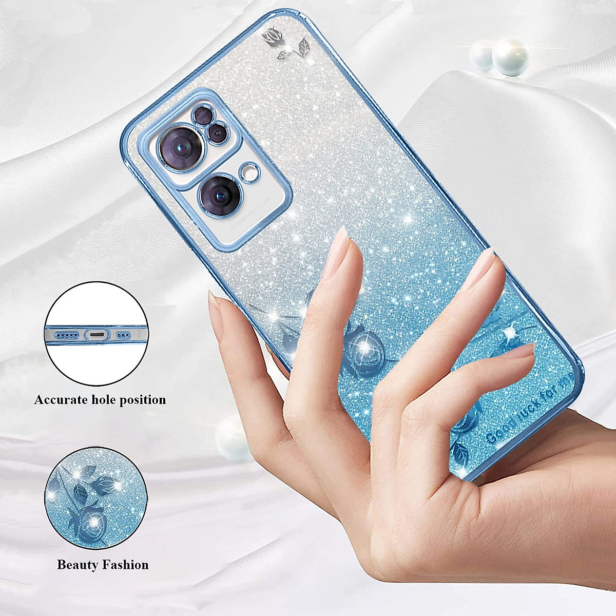Phone Case Oppo Reno 7 pro Glitter for Women Girls Pink Floral Clear Shockproof Protector Oppo Reno 7 pro Phone Case Cover Diamond Bling Sparkle Luxury Cute Thin 2023 (Blue)