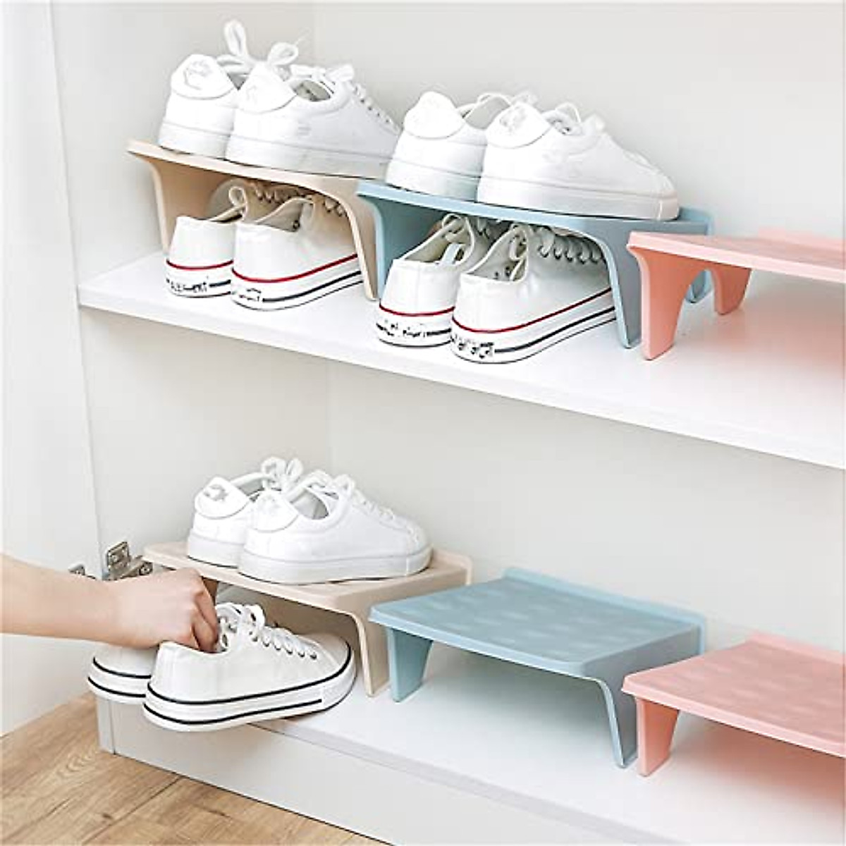 ASkinds 6 Pack Shoe Stacker Slots Space Saver, Double Layer Stack Shoe Racks, Increase Space by 200% Shoe Stackers for Home Closet Organization(Random Color)