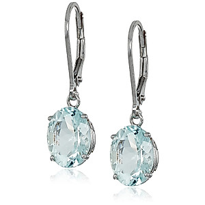 Amazon Essentials 925 Sterling Silver 8 x 10mm Oval March Birthstone Aquamarine Dangle Earrings for Women with Leverbackss (previously Amazon Collection)