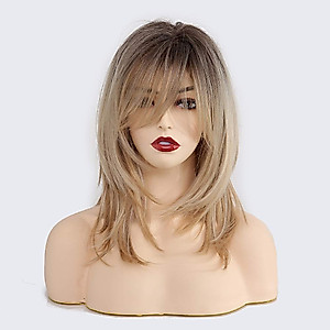 HAIRCUBE Blonde Wigs Shoulder Length Layered Wigs Long Curly Wigs for Women 18 Inch Wigs with Bangs