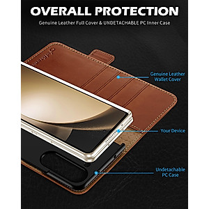 SHIELDON Case for Galaxy Z Fold 5, Genuine Leather Wallet Shockproof Case Flip Magnetic Kickstand RFID Blocking Credit Card Slot with S Pen Holder Compatible with Galaxy Z Fold5 7.6" - Retro Brown