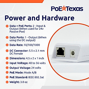 PoE Texas 48v to 24v PoE Converter - Inline PoE Splitter with 24 Volt 25 Watt PoE or DC - Converts IEEE 802.3at PoE+ to 24V Passive PoE or 24V DC Output with Gigabit Data for Ubiquiti and Mikrotik