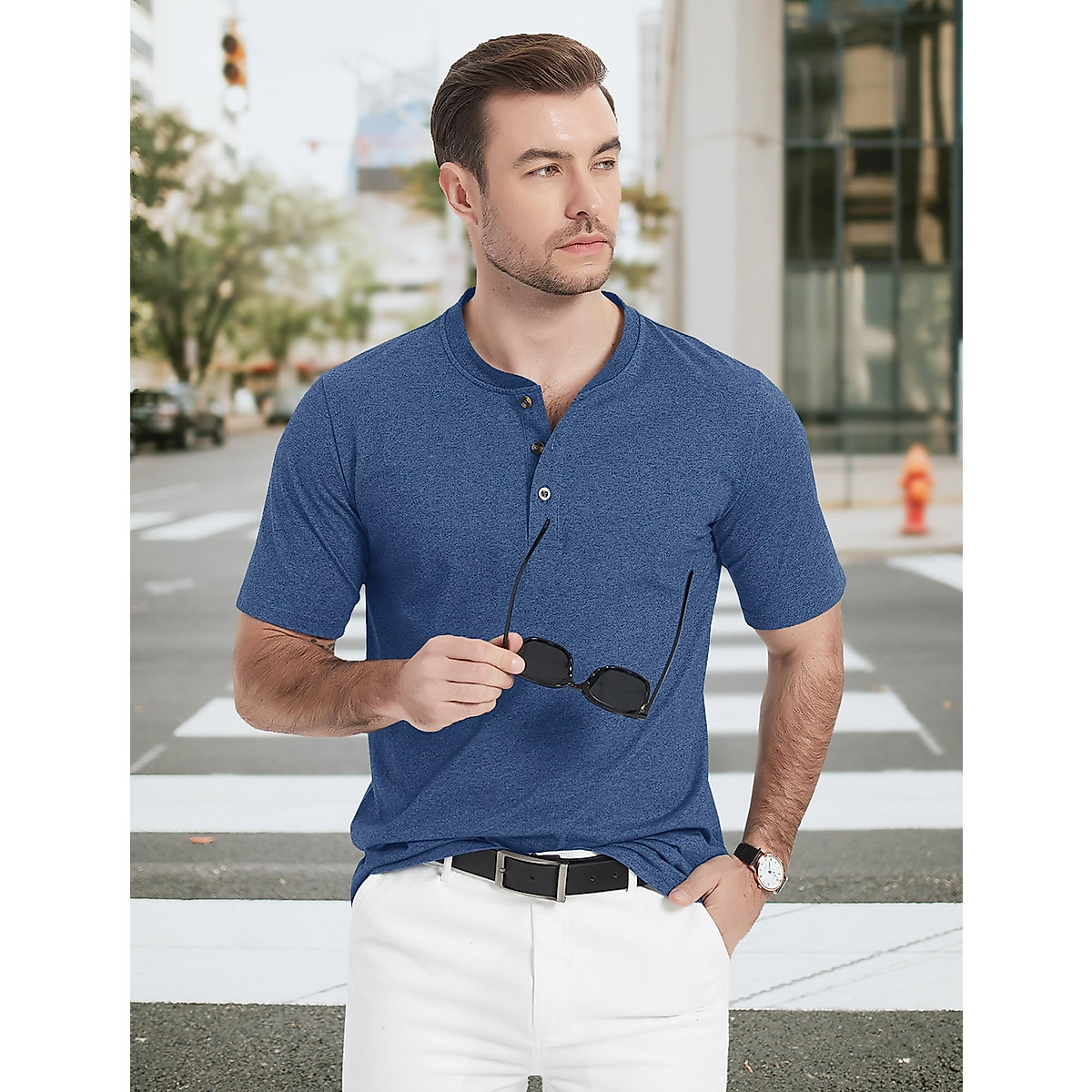 MAGCOMSEN Short Sleeve Henley Men Cotton Lightweight 3 Button Tops Vintage Casual Summer Shirt Soft Fashion Grey Blue M