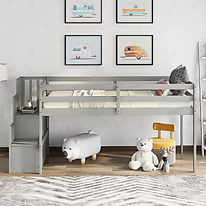 Bellemave Low Loft Bed with Stairs Twin Loft Bed with Storage Wood Bed Frame for Kids Teens Girls Boys, Gray