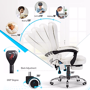 YODOLLA Executive Office Chair with 7 Points Massage&Heat Function, High Back Office Chair w/Footrest Reclining Swivel Home Office Chair, PU Leather Desk Chair, White