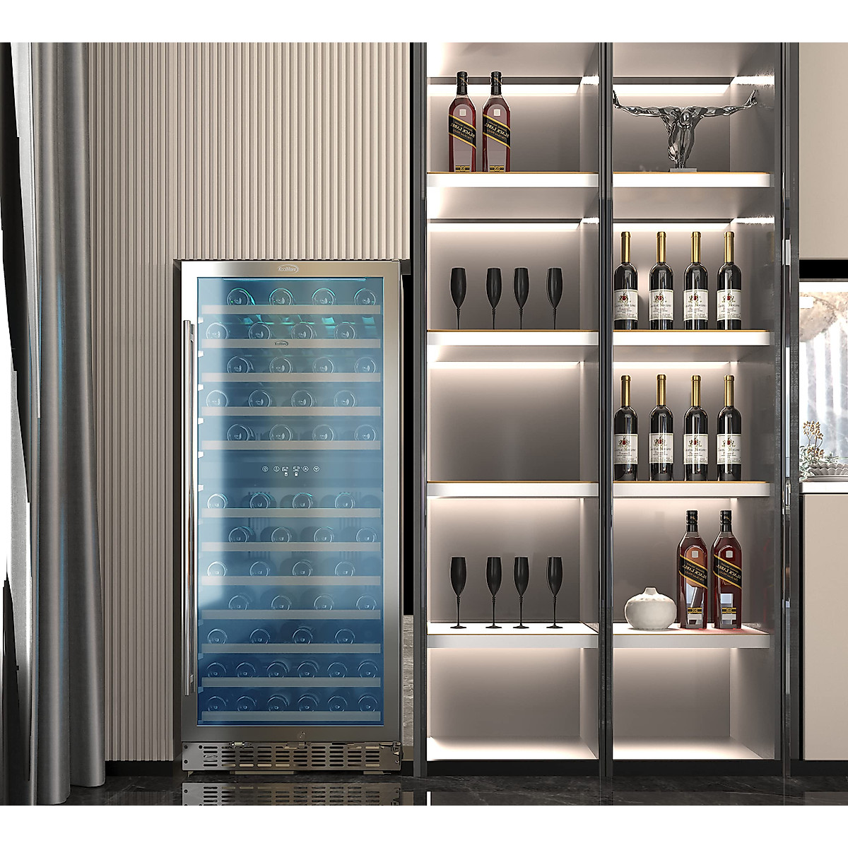 KoolMore 24” Inch 9.7 Cu.Ft. Dual Zone Wine Cooler Refrigerator, Freestanding or Built-In Unit, Tempered Glass and Door Lock (KM-CW92DZ-SS), Silver, 92 Wine Bottles