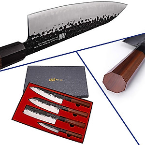 FINDKING 4Pcs Knife Set Dynasty series-3 layer 9CR18MOV clad steel w/octagon handle Chef's Knife with 18'' Acacia Wood Magnetic Knife Strip
