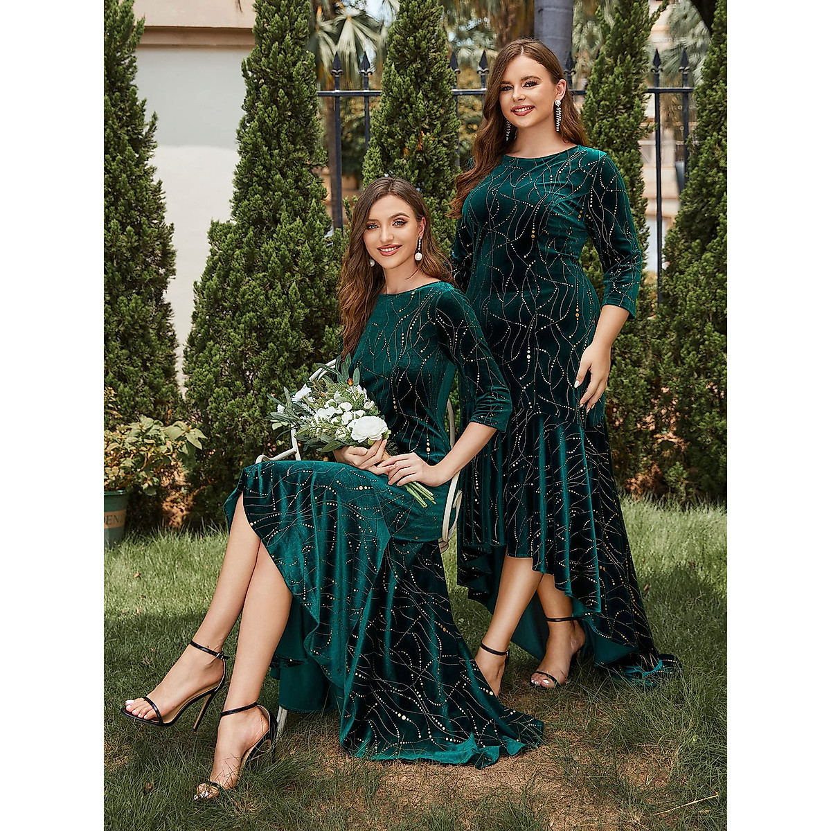 Ever-Pretty Women's Velvet 3/4 Sleeve High-Low Mermaid Plus Size Gorgeous Evening Dress Green US16