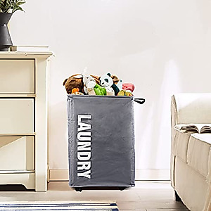 VENUSDALI Large Laundry Hamper,with Wheels Oxford Fabric Leather Handle,water Proof Folding Washing Bin,for Bedroom, Laundry Room, Closet, Bathroom, College, Dark Grey (Gray)