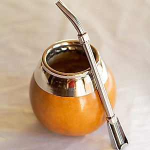 Circle of Drink - Handcrafted Natural Yerba Mate Gourd (Calabash Mate Cup) with Alpaca Steel Brim - with Stainless Steel Bombilla (Mate Tea Straw)