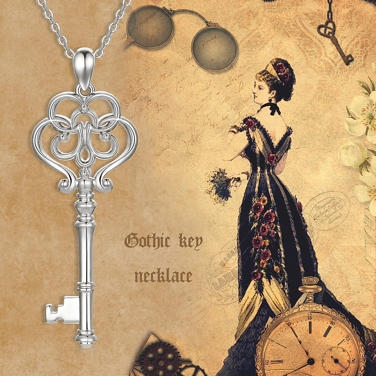 YAFEINI Victorian Key Necklace 925 Sterling Silver Retro Vintage Key Jewelry Gifts for Women