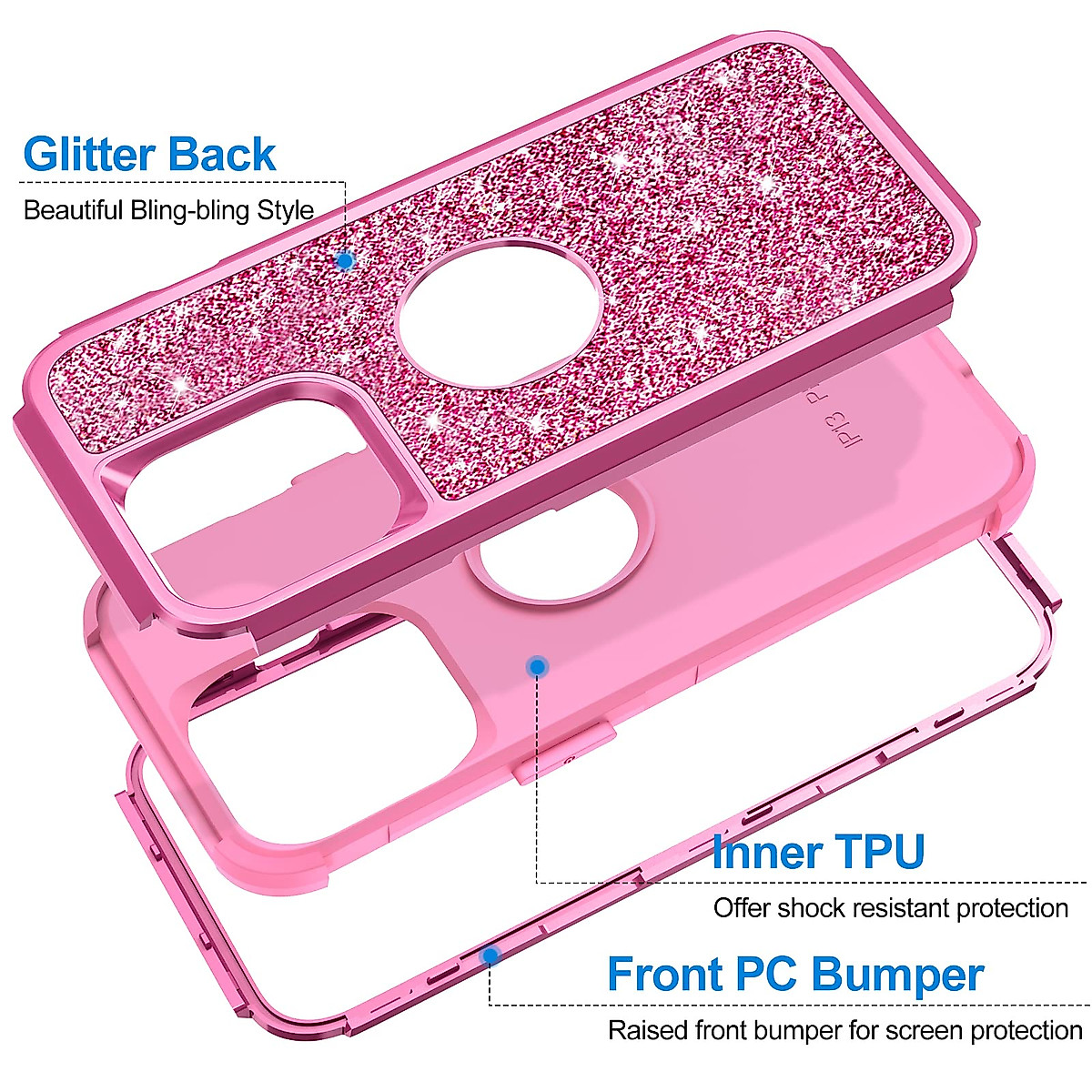 Hython Case for iPhone 13 Pro Max Case Glitter, Cute Shiny Bling Sparkle Cover, Heavy Duty 3 in 1 Hybrid Hard PC Soft TPU Bumper Full Body Shockproof Protective Phone Cases for Women Girls, Rose Red