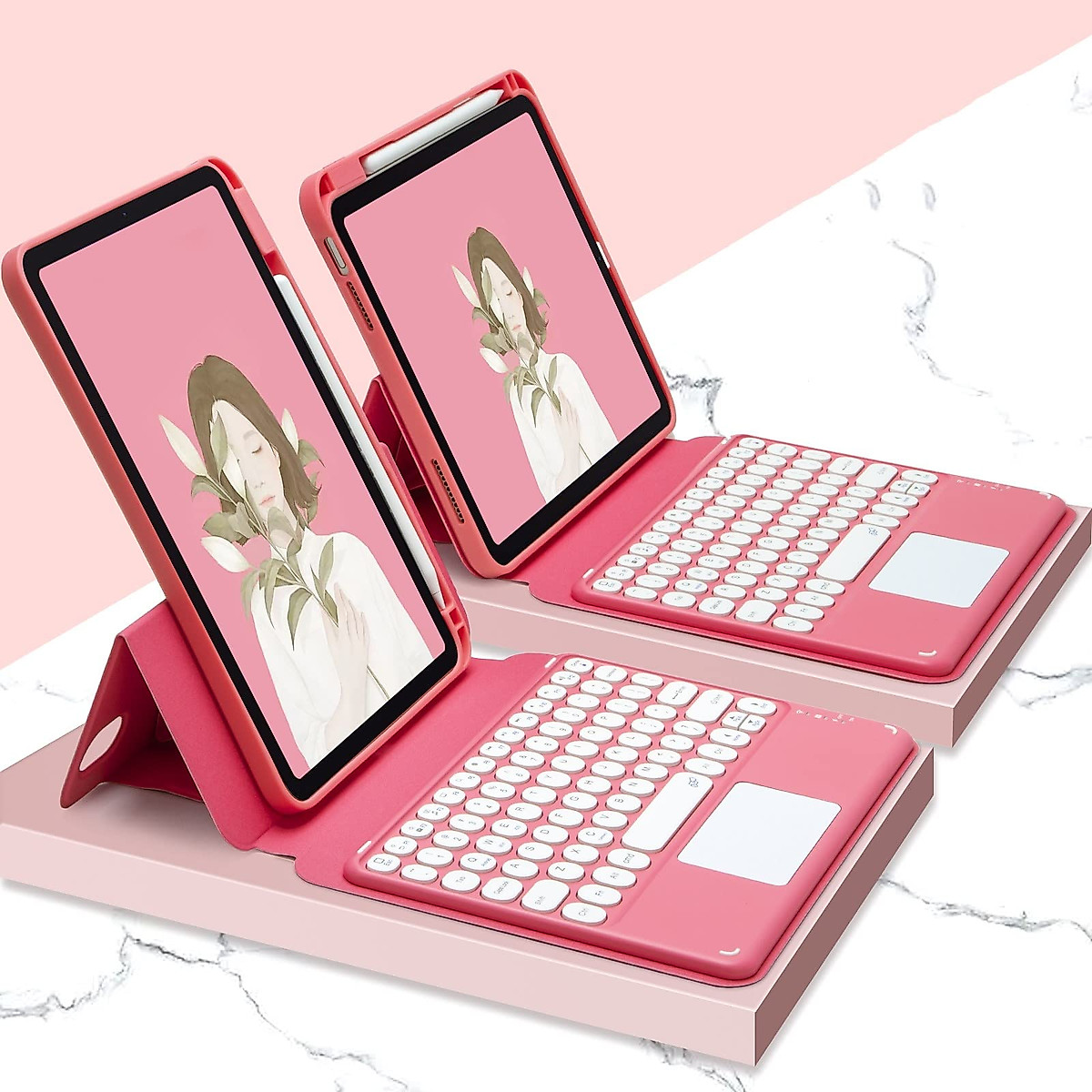 HENGHUI Magnetic iPad 10th Generation Keyboard Case with Touchpad Cute Color Keyboard Vertical Stand Movable Clear Back Case Detachable Keyboard (Dark Pink)