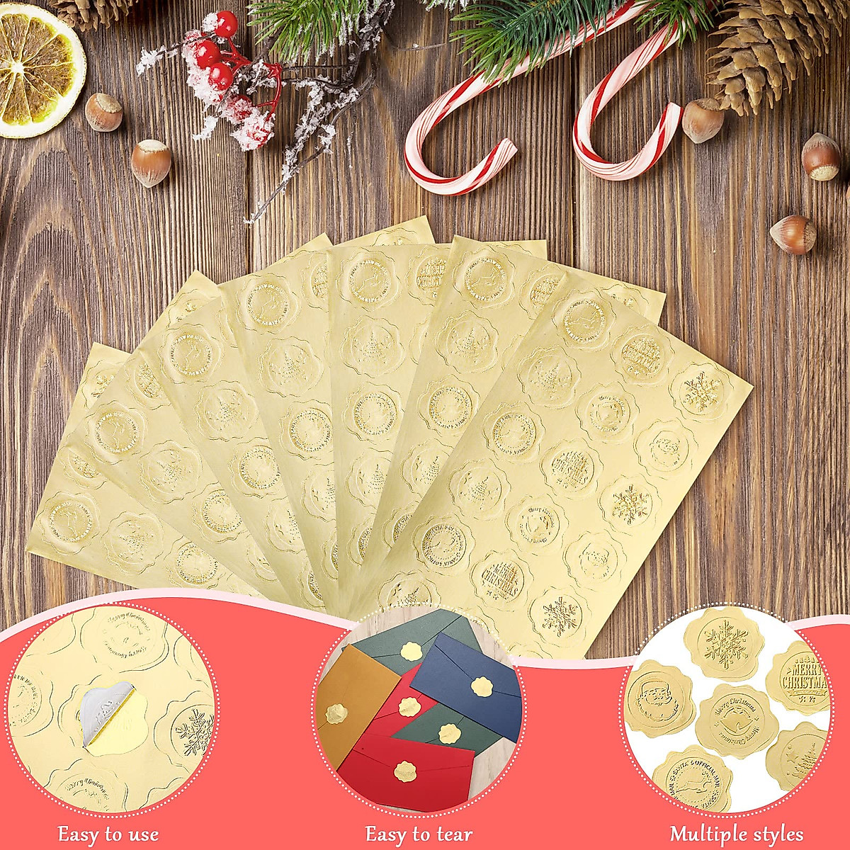 Gersoniel 480 Christmas Embossed Envelope Seals Stickers Wax Foil Seal Stickers Envelopes Self-Adhesive Seal for Greeting Card Wedding Party Decor(Funny Style,Gold)