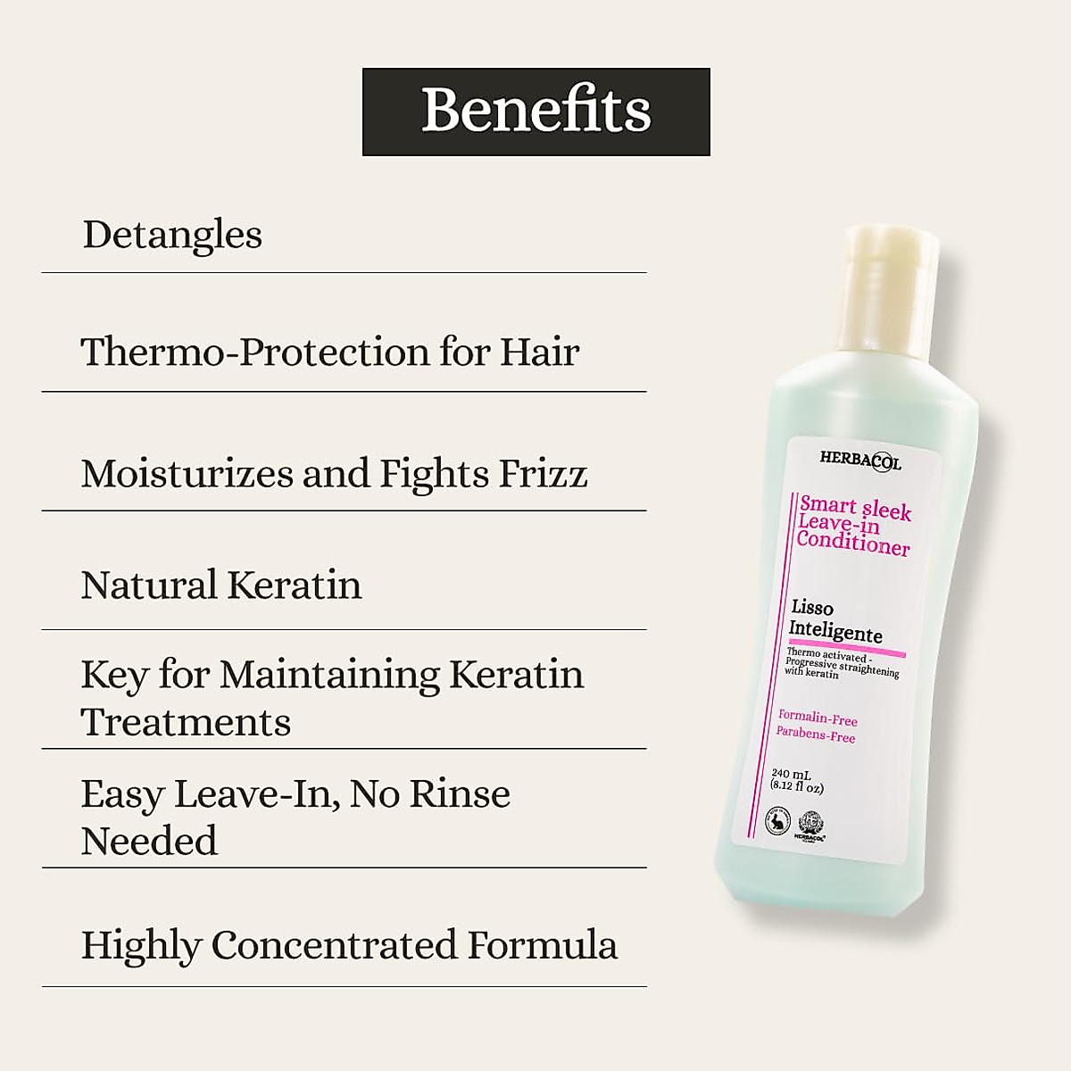 Herbacol Lisso Inteligente | Leave-in Cream | Natural Keratin Treatment | Anti-Frizz | 8.1 Fl Oz.