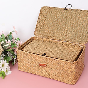 Moosky Wicker Shelf Baskets with Lid,Handwoven Seagrass Basket for Storage Basket Bins Rectangular Home Organizer Gift Boxes (Natural Large)