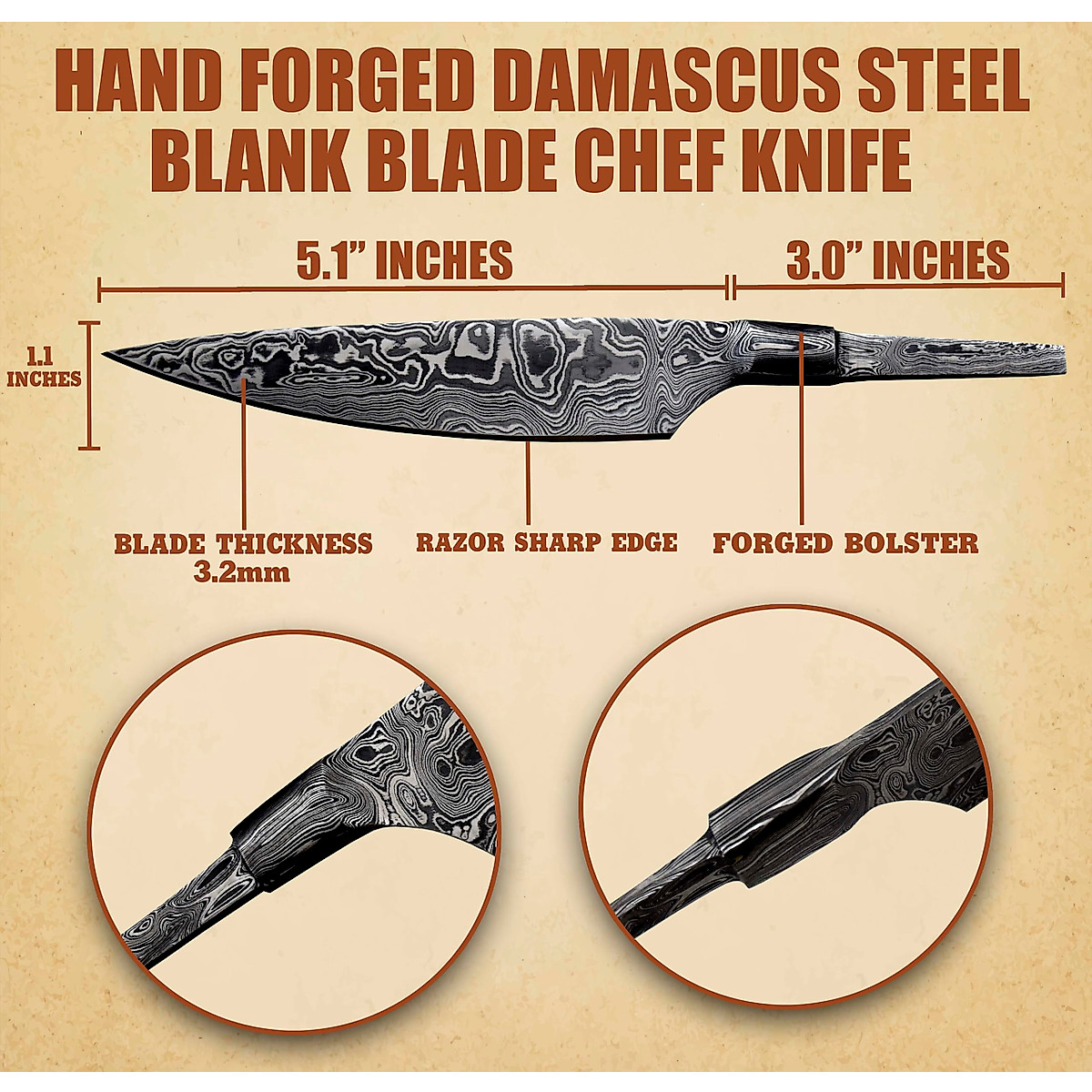 Custom Hand Forged Damascus Steel Blank Blade Chef Knife - Kitchen Knife Forged Bolster Damascus Billet Bar Handmade Knife Making Supply | Hercules Knives