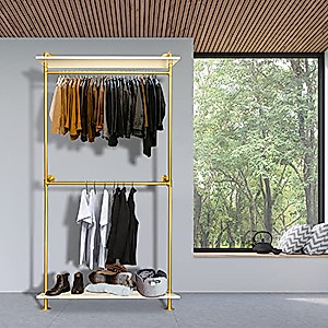 lesolar Industrial Pipe Double Hanging Rods Clothing Rack Gold Clothing Rack,90.55" H Wall Mounted Garment Rack Storage Clothes Hanging Shelf Suitable for Bedroom, Retail Clothing Store, Boutique