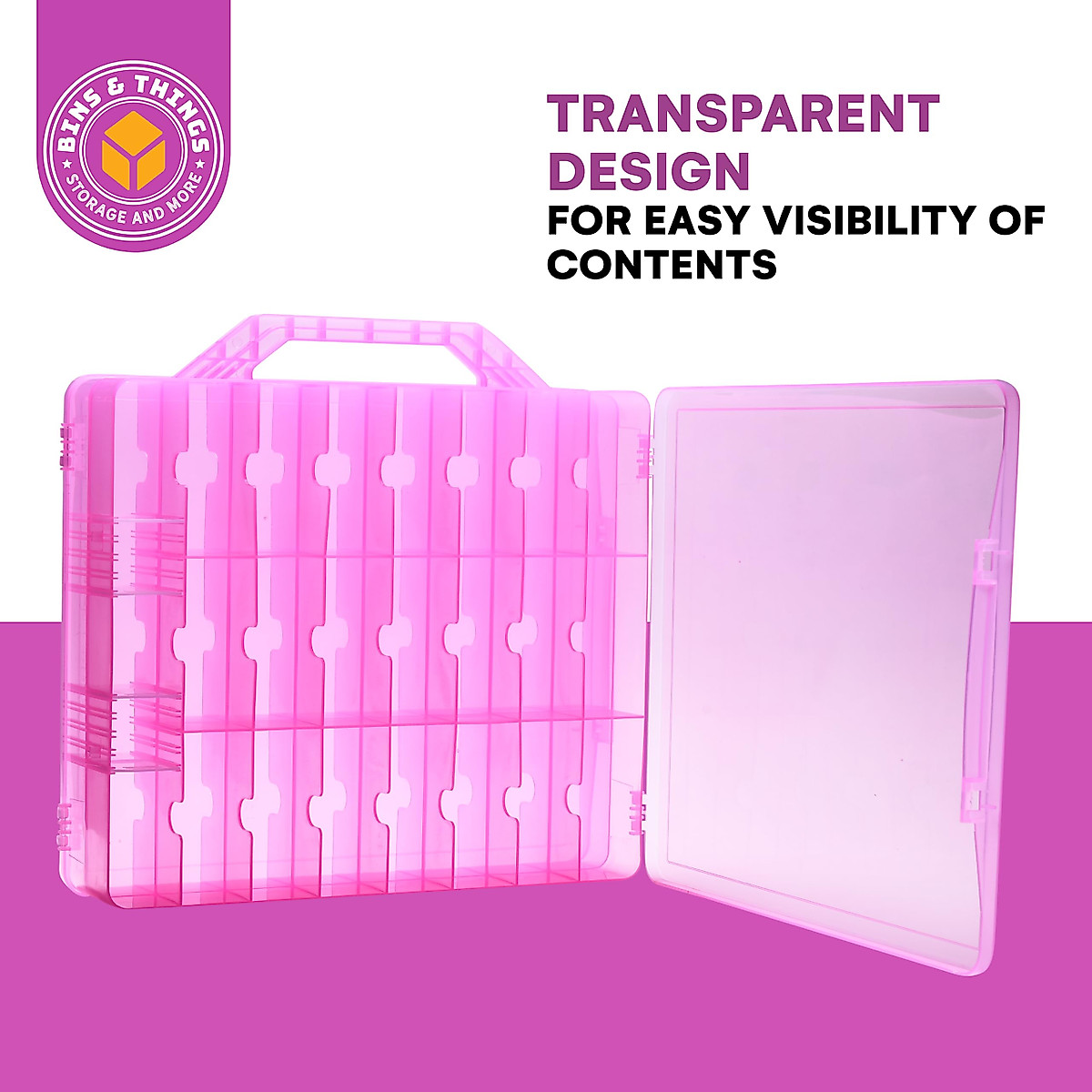 Bins & Things Toy Car Storage Organizer with 48 Compartments - Transparent Portable Car Case Storage Box for Small Items, Craft Supplies, Pills, Earrings - Ideal Organizer for Kids and Adults - Pink