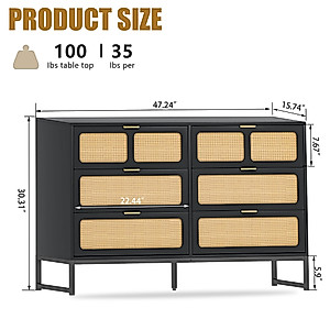Oubayajia 6 Drawer Dresser for Bedroom, Rattan Dressers Storage Cabinet with Metal Handles, Wooden Chest of Drawers Dresser for Bedroom, Entryway, Living Room, Hallway (black)