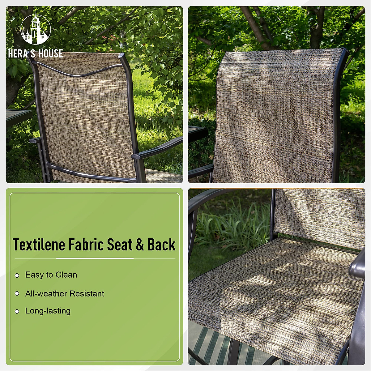 HERA'S HOUSE Outdoor Swivel Bar Stools, Outside Bar Height Patio Chairs Set of 2 with Solid Back & Armrest, All Weather Textilene Sling Fabric Chair for Lawn Garden