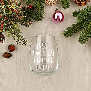 Modwnfy Best Mother in Law Stemless Wine Glass, Special Mom Gift for Mother in Law on Christmas Mother's Day Birthday From Son in Law Daughter in Law Father in Law, 15 Oz