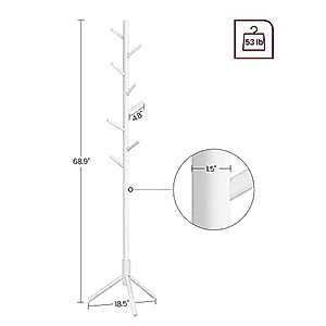 VASAGLE Solid Wood Coat Rack, Free Standing Coat Rack, Tree-Shaped Coat Rack with 8 Hooks, 3 Height Options, for Clothes, Hats, Bags, for Living Room, Bedroom, Home Office, White URCR04WT
