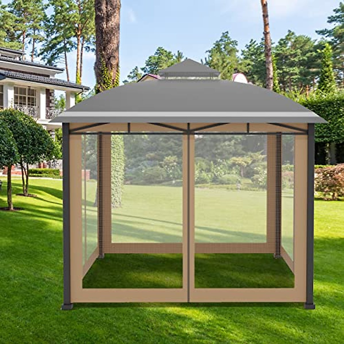 Tumjay Gazebo Universal Replacement Mosquito Netting 10’x10’ Garden Gazebo Netting Outdoor Canopy Mesh Patio Screen Sidewalls with Zipper（Mosquito Net Only,Khaki）
