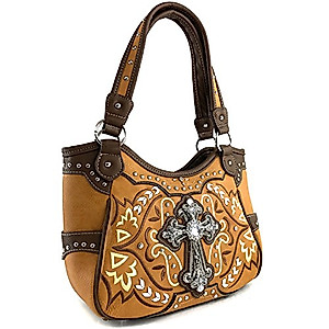 Justin West Western Concealed Carry Bohemian Cross Paisley Weaved Leather Embroidery Flower Leaf Tote | Handbag | Messenger | Trifold Wallet (Tan Tote & Wallet Set)
