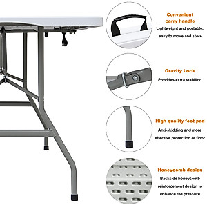FORUP 6ft Table, Folding Utility Table, Fold-in-Half Portable Plastic Picnic Party Dining Camp Table (White)