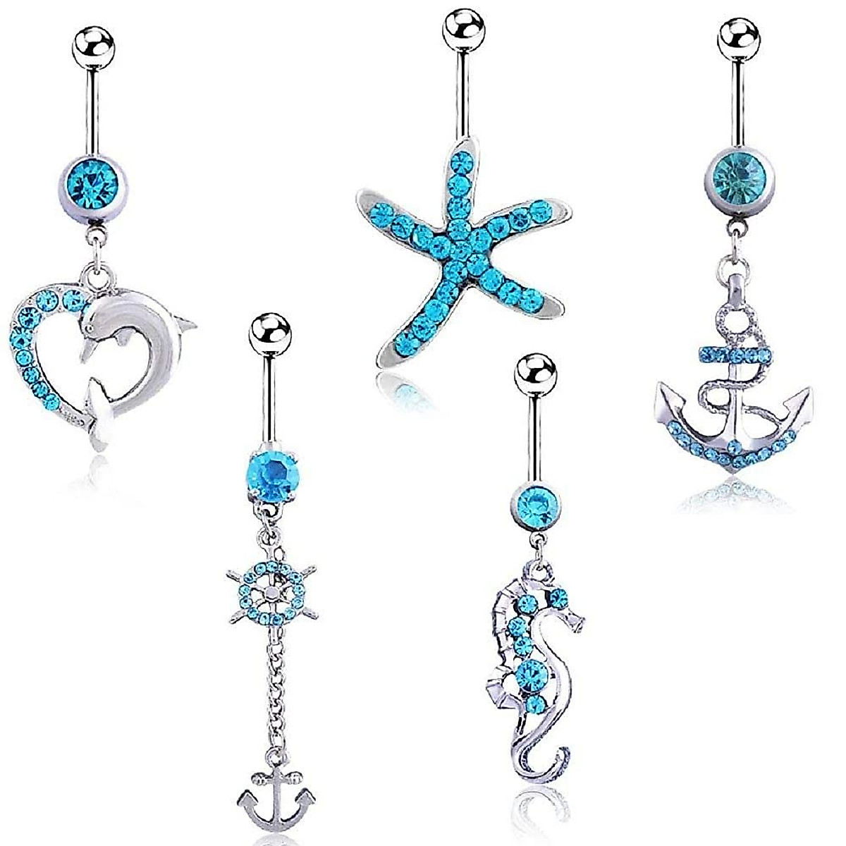 HoBST Holiday Sexy Blue Starfish Dolphin Seahorse Dangle Belly Button Rings Set for Men Women Girls Stainless Steel Body Piercing Jewelry