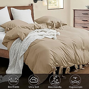 PHF Khaki Duvet Cover Queen Size, Comfy Lightweight Skin-Friendly Comforter Cover Set with Bowknot Bow Ties, Soft Durable Bedding Collection with 2 Pillowcases for All Season, 90" x 90"