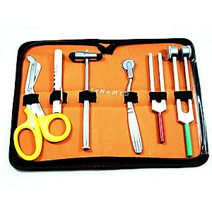 Student Diagnostic Kit- Reflex Hammer & Tuning Fork Set C 128 And C 512 + Wartenberg Pinwheel Premium Steel Bandage Scissor 7.5” (Set Of 6 Reflex Buck Hammer Yellow Scissor Penligh)