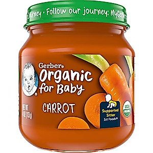 Gerber Organic for Baby 1st Foods Baby Food Jar, Carrot, USDA Organic & Non-GMO Pureed Baby Food for Supported Sitters, 4-Ounce Glass Jars (Pack of 6)
