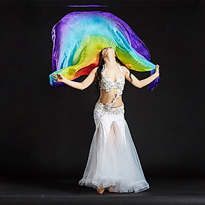 DEMON BABY 2020 Professional High-grade Pure Silk Half Circle Rainbow Belly Dance Veils Scarf Big Shawl(1Pair-Double Veils;#4)