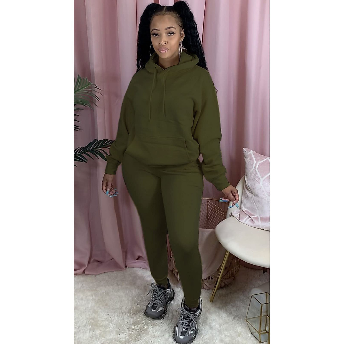 KANSOON Tracksuit for Women Set Two Piece Outfits Long Sleeves Top Hoodie Top Bodycon Jogger Pants Sweatsuits Green M