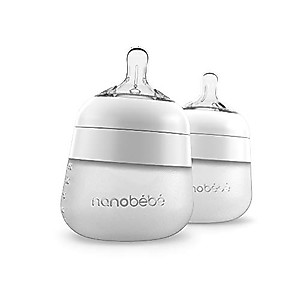 Nanobébé Flexy Silicone Baby Bottle, Anti-Colic, Natural Feel, Non-Collapsing Nipple, Non-Tip Stable Base, Easy to Clean 2-Pack, White, 5 oz