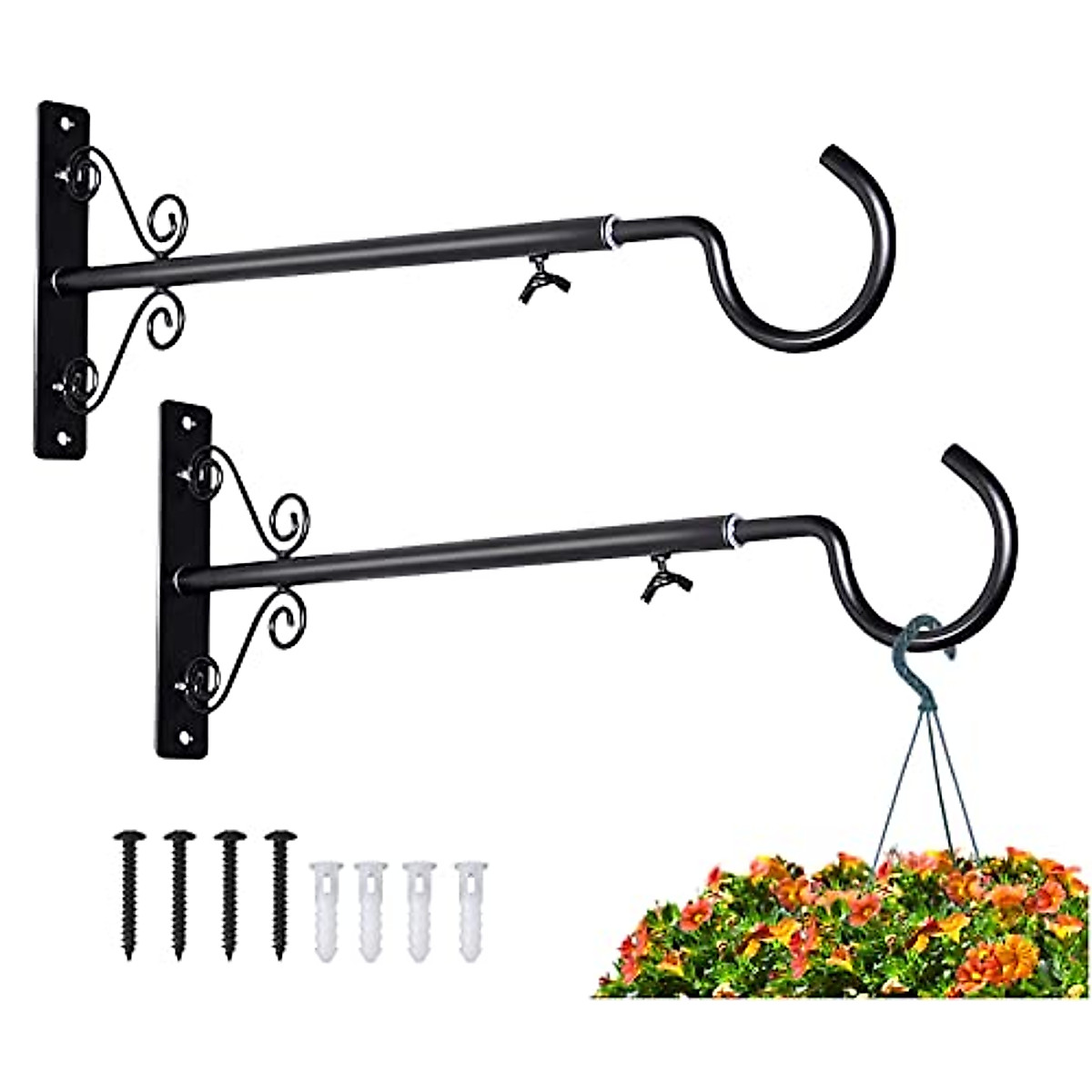 BOLITE 18023 Bird Feeder Hanger(16 to 24 Inch), Adjustable Hanging Plant Bracket, Wall Hooks for Hanging Bird Feeders, Planters, Lanterns, Wind Chimes, String Lights, 2 Pack, Black