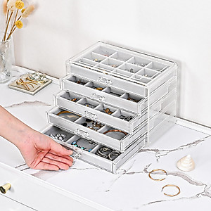 ProCase Earring Holder Organizer Jewelry Box with 5 Drawers, Acrylic Clear Earring Case with Adjustable Velvet Trays for Women - Grey, 5 Layers