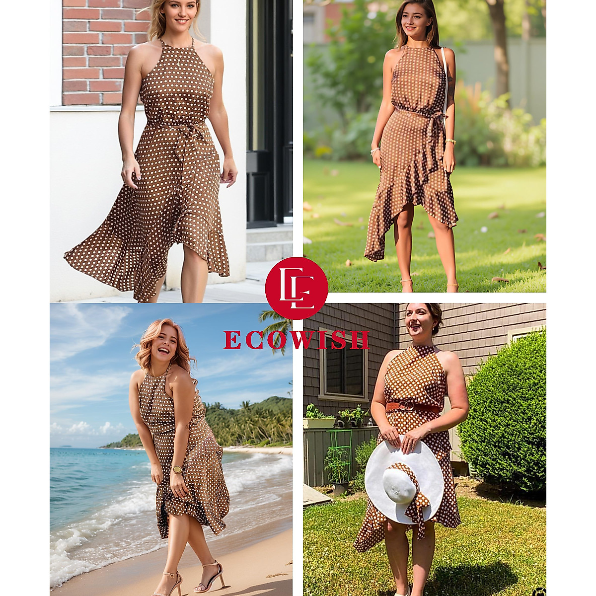 ECOWISH Polka Dot Womens Summer Dress Flowy Cute High Low Sleeveless Boho Criss Cross Halterneck Cocktail Midi Sundress 2025 Coffee Small