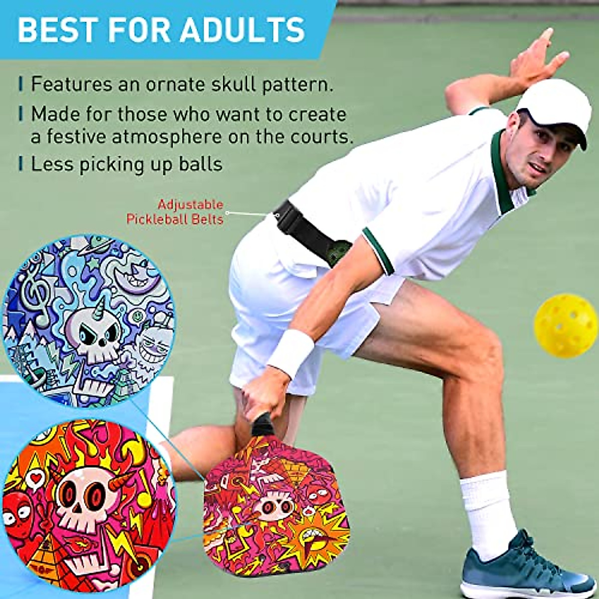 Pickleball Paddles Set of 4, Ornate Skull Pattern Pickleball Rackets with 4 Premium Wood Paddles & 4 Pickleballs & 2 Handle Grips Tape & 2 Pickleball Belts & Carry Bag for Beginners Men Women Adults