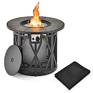 Giantex 32" Propane Fire Pit, 30,000 BTU Round Outdoor Fire Pit Table with Lid, PVC Cover, Glass Stones, CSA Approved, 2-in-1 Ignition Gas Fire Table for Outside Patio Garden Backyard Deck, Black